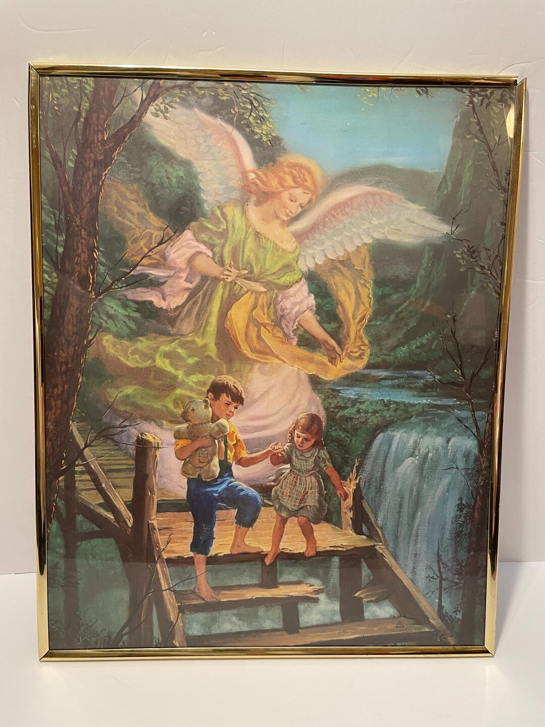 Vintage Guardian Angel Watching Children Over Bridge Framed Hanging ...