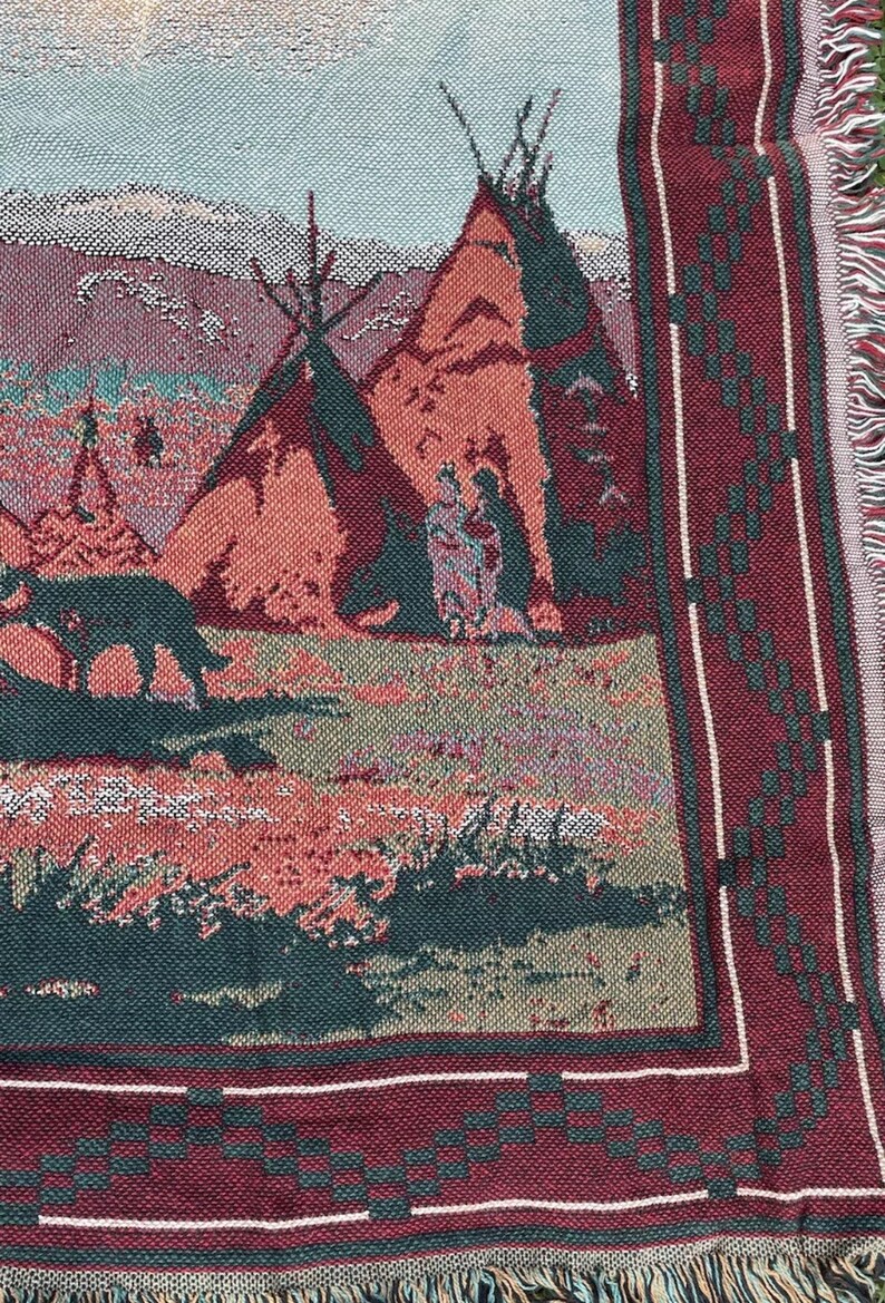 Vintage Southwestern Native American Throw Blanket Teepee Wolf Western ...