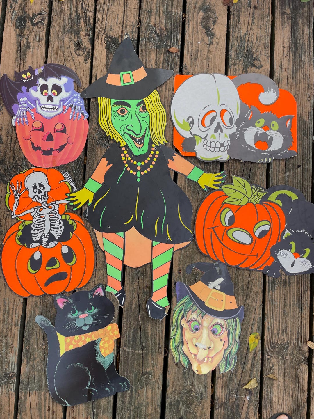 Vintage Halloween Die Cut Lot Large Jointed Witch (3ft) Cat Pumpkin ...