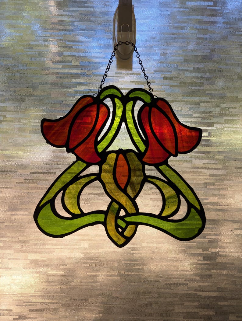Stained Glass Art Nouveau Floral Panel - Red Flowers - Etsy