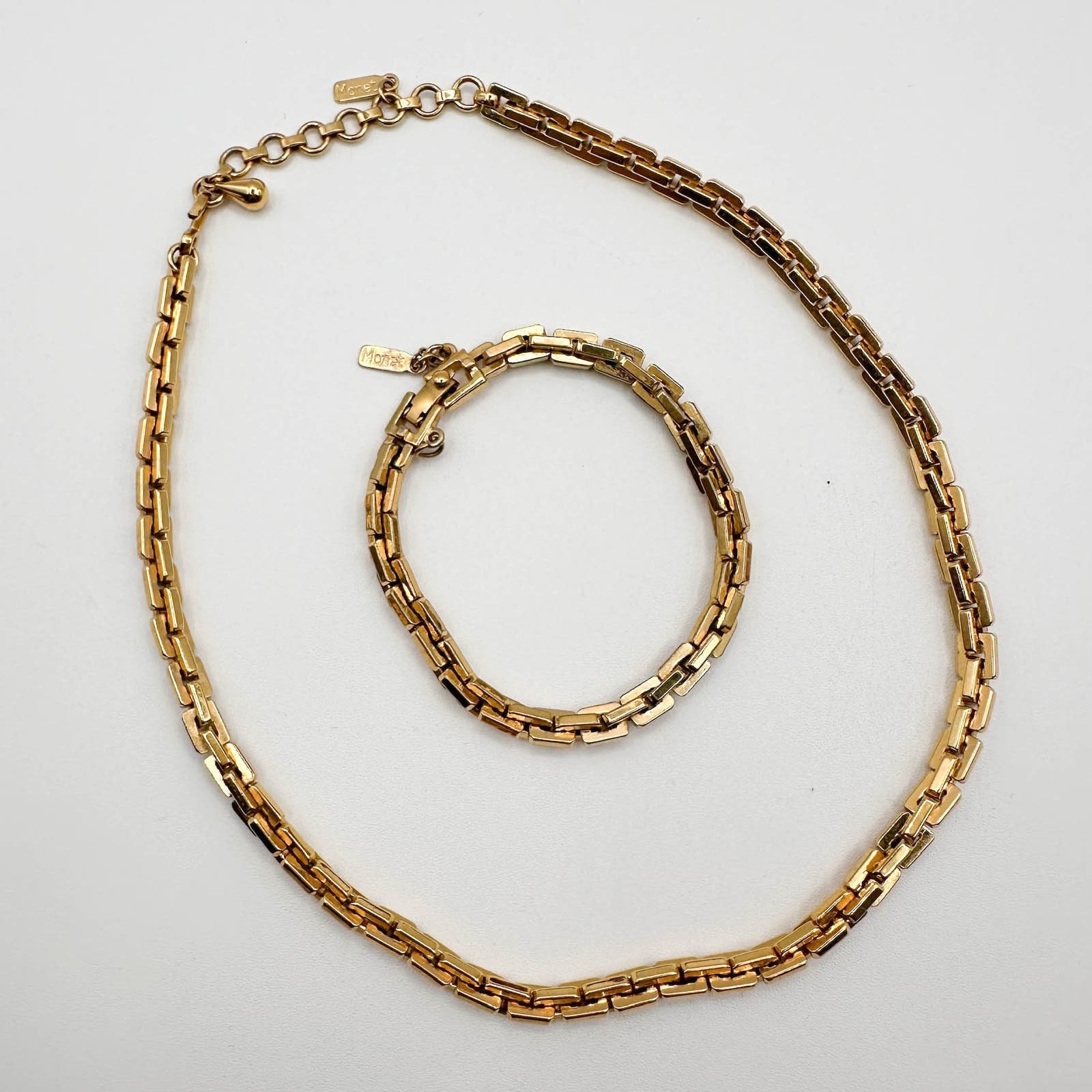 Vintage Monet Triple Gold Plated Box Link Necklace and Bracelet Set ...