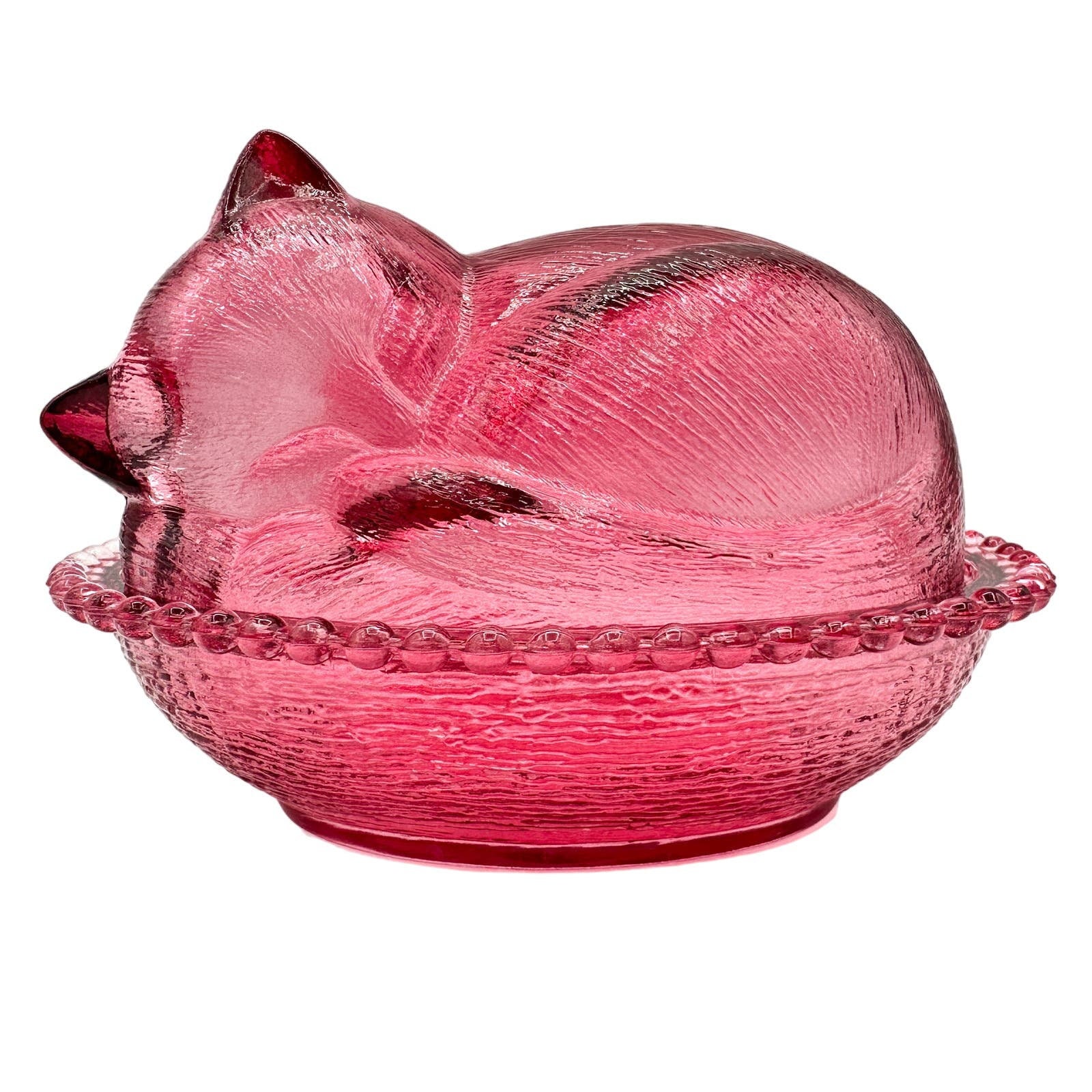 Vintage Indiana Glass Sleeping Cat on Nest Cranberry Pink Cat ...