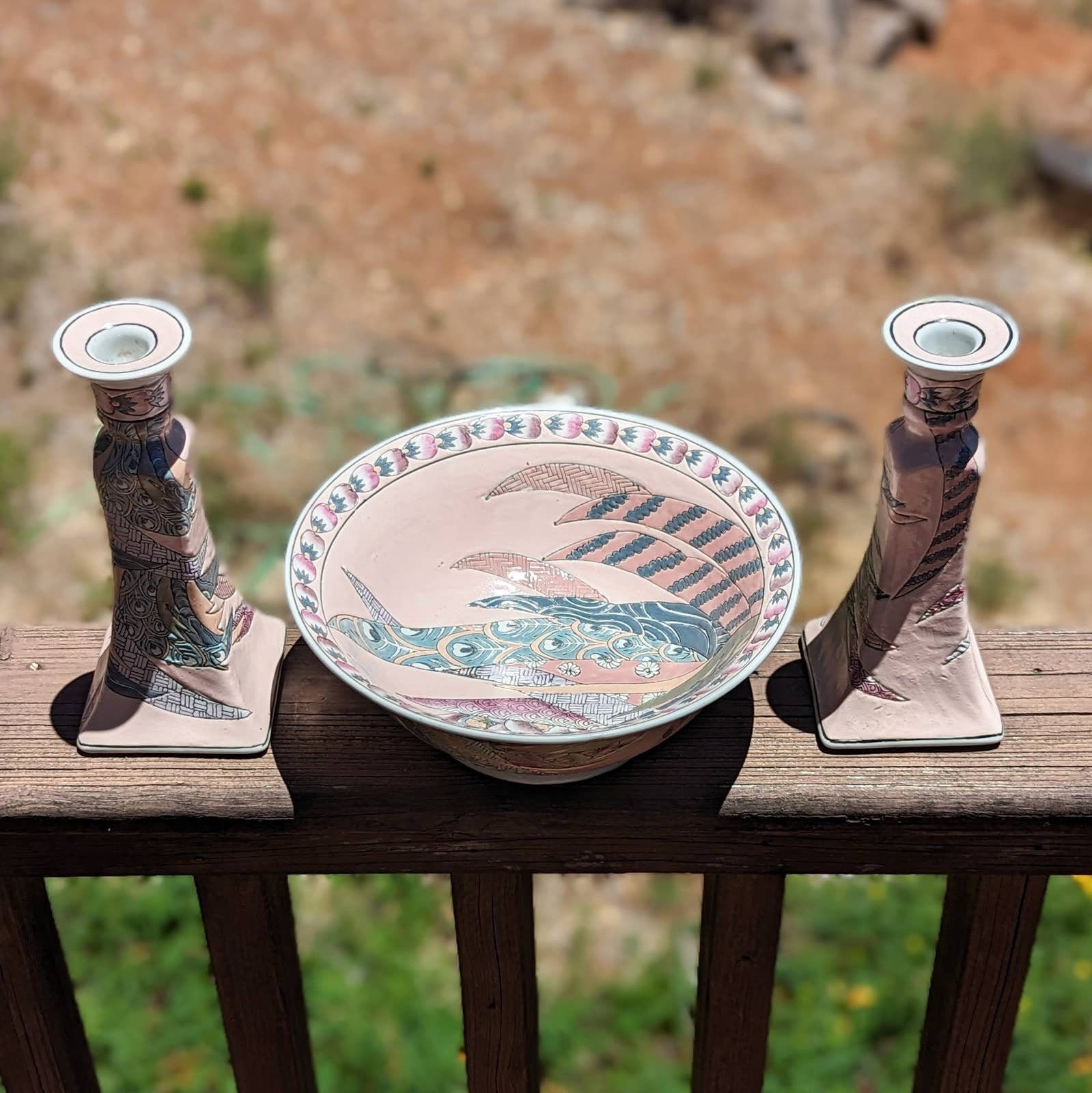 Vintage HFP Macau Hand Painted Console Set Bowl/pair Candlesticks ...