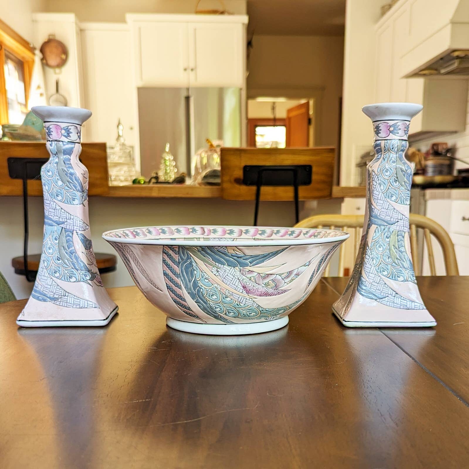 Vintage HFP Macau Hand Painted Console Set Bowl/pair Candlesticks ...