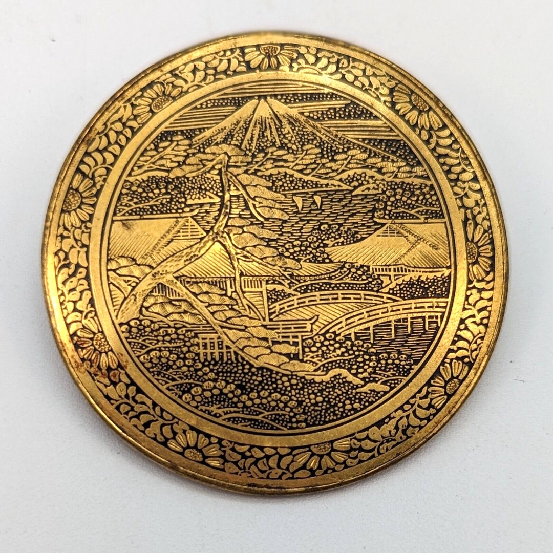 Late 1800s Detailed Etched Brass Brooch W Mount Fuji Japanese Scene C ...