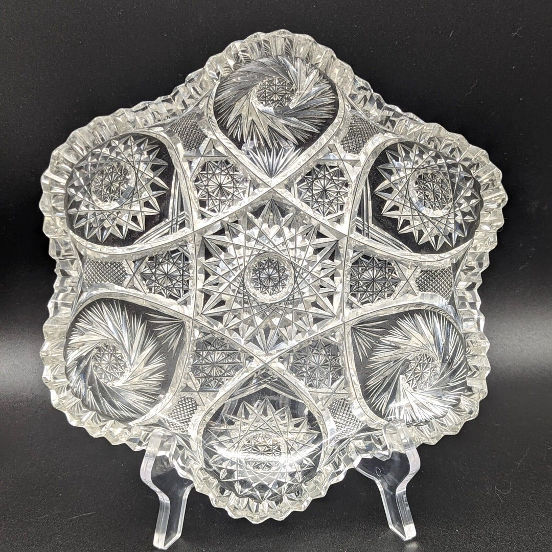 Antique American Brilliant Cut Glass Bowl Sawtooth Scalloped Hobstars ...