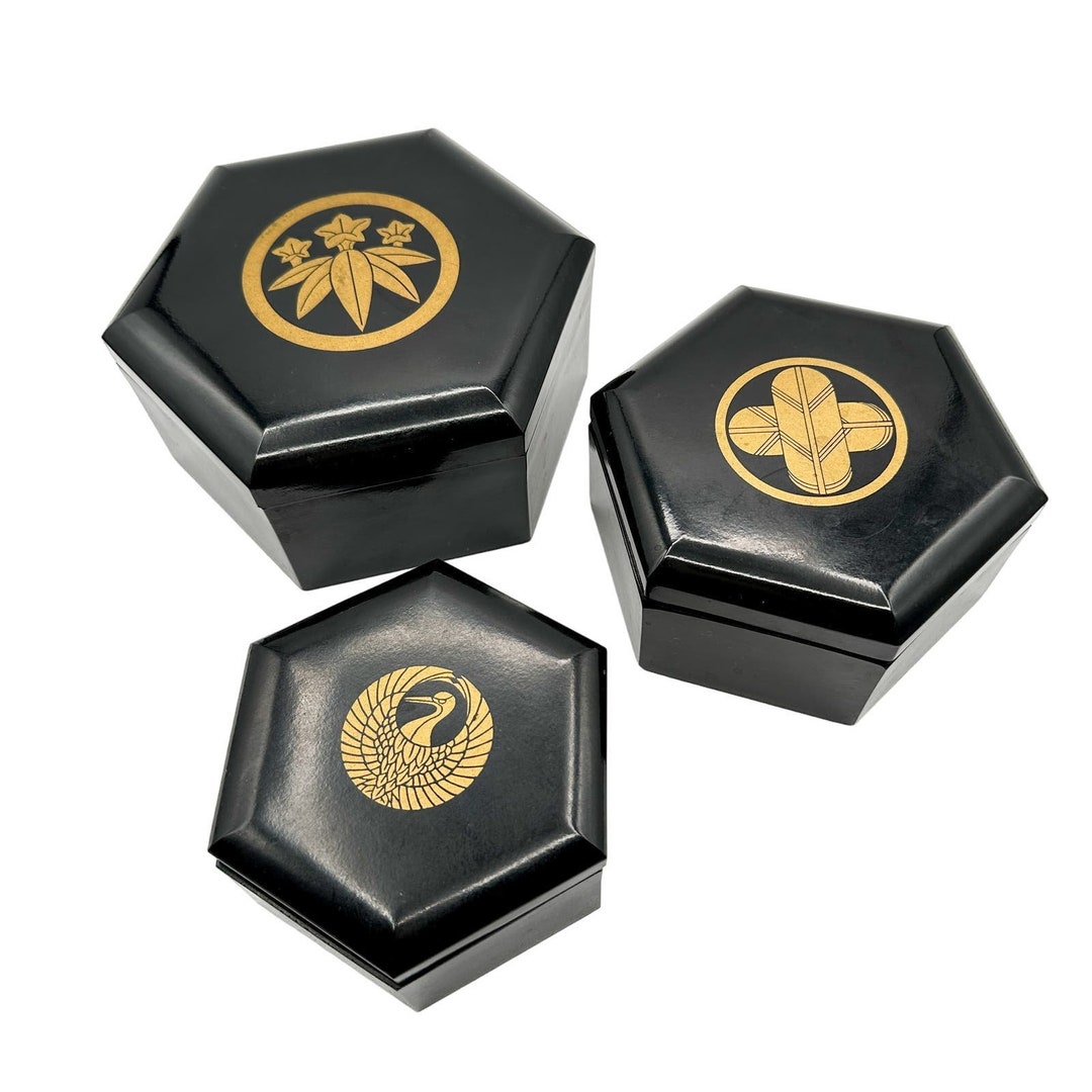 Vintage Nesting Black Lacquer Finish Boxes Hexagon Shaped With Gold ...