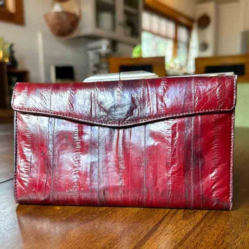 Vintage Eel Skin Wallet 80s Burgundy Korean Trifold Checkbook CC Coin ...