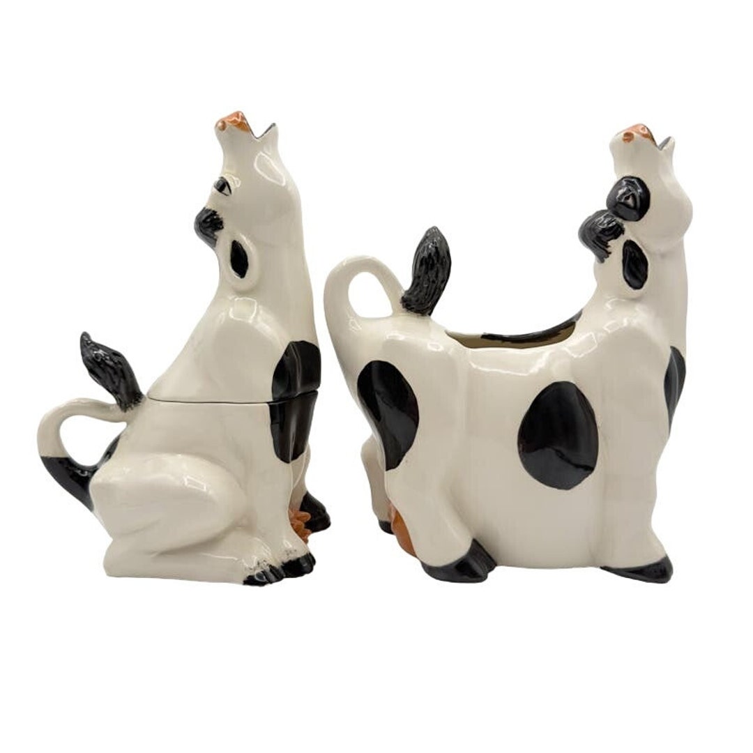 Hand Painted Cow Planter and Lidded Jar Farmhouse Country Cow Black and ...