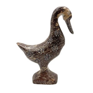 Soap Stone Goose Duck Sculpture 9" Hand Carved Floral Marbled Brown Tan ...