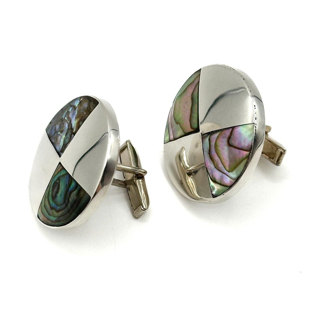 Taxco Sterling Silver Abalone Cufflinks Inlayed Mother of Pearl Round ...