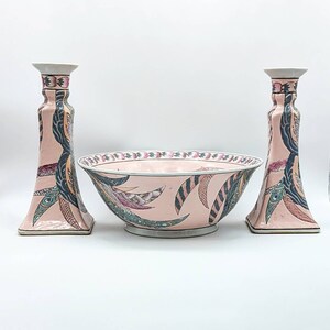 Vintage HFP Macau Hand Painted Console Set Bowl/pair Candlesticks ...