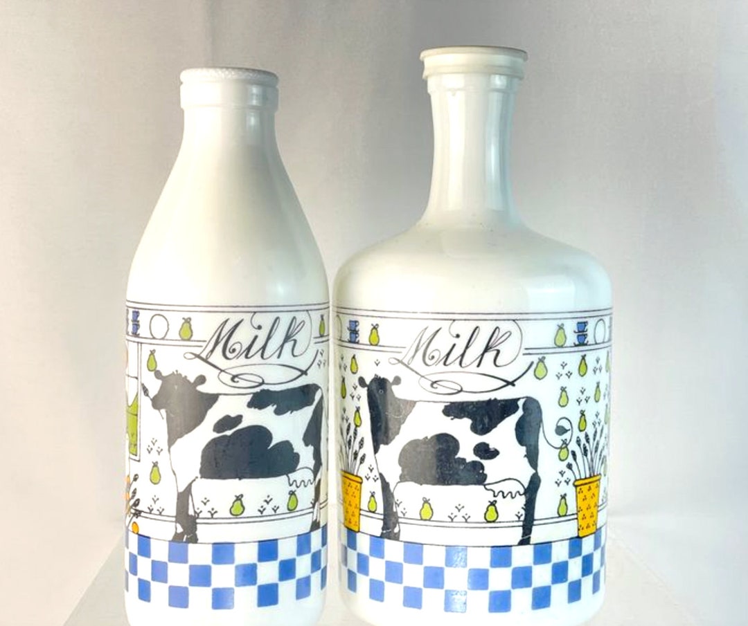 2 Vintage Milk Bottles Lillian Vernon Alan Wood White Glass Cow Farm ...