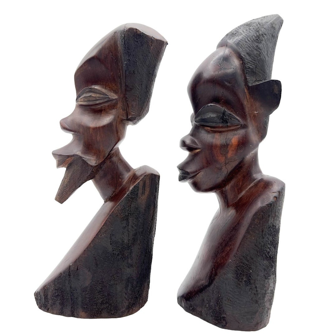 Vintage Hand Carved Tribal African Man and Woman Bust Sculptures ...