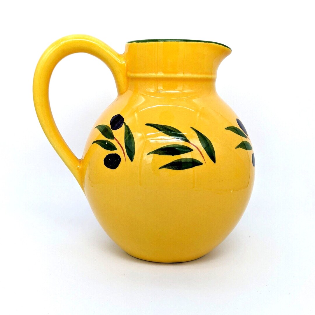 Vallauris French Pottery Water Pitcher Hand-painted Yellow W/ Olives ...