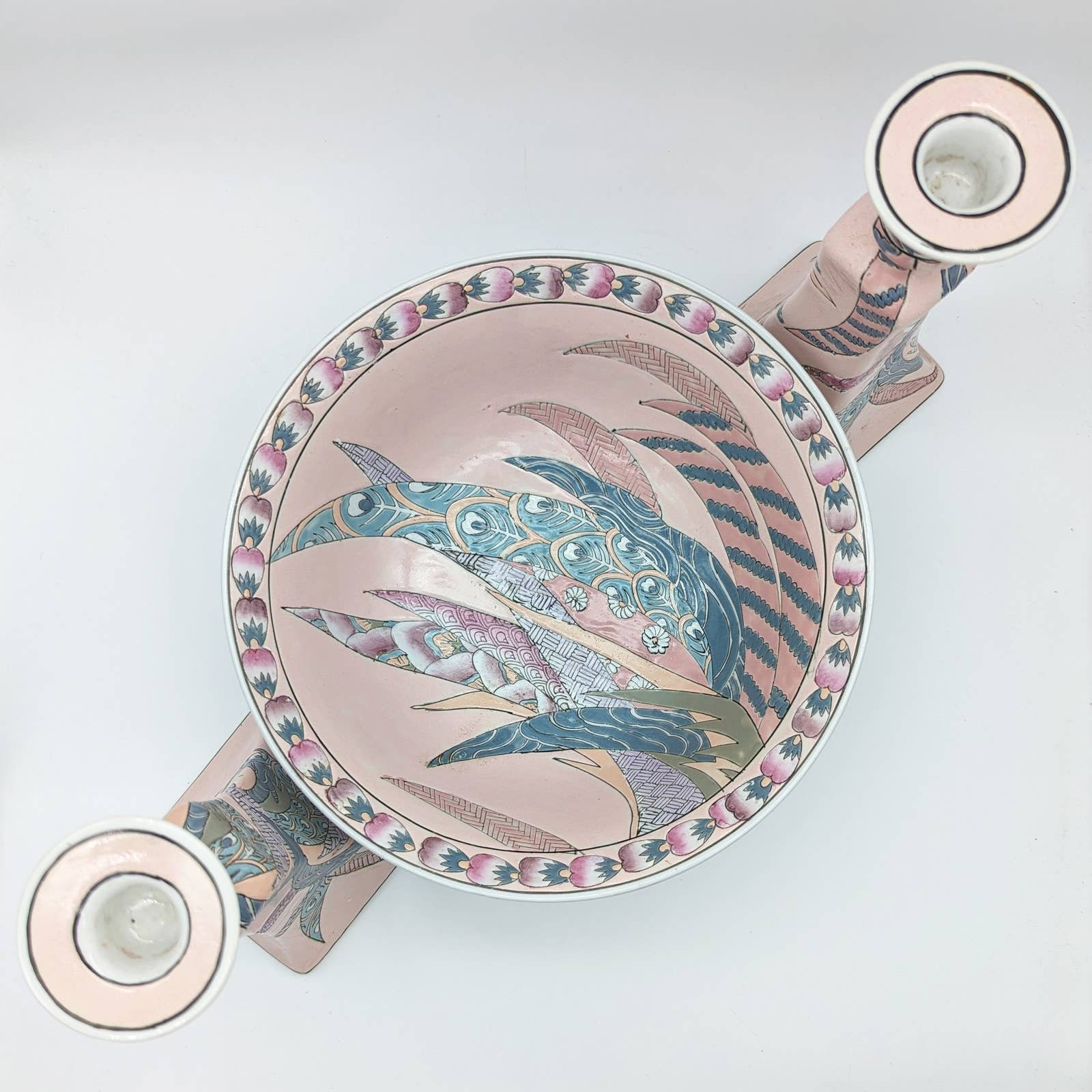 Vintage HFP Macau Hand Painted Console Set Bowl/pair Candlesticks ...