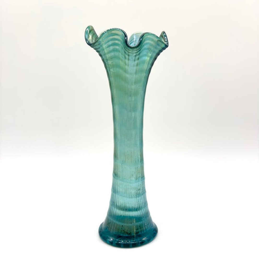 Imperial Glass Teal Ripple Stretch Vase Celeste Blue Carnival Glass ...