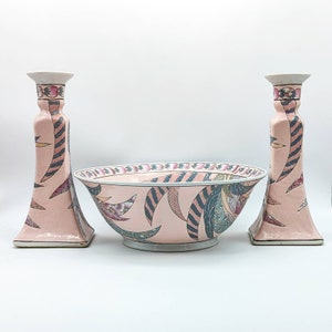 Vintage HFP Macau Hand Painted Console Set Bowl/pair Candlesticks ...