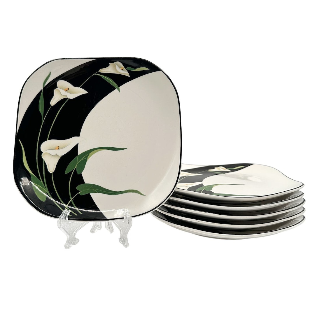 Sango Quadrille Semi-porcelain Black Lilies #5101 Snack Plates (6) Made ...