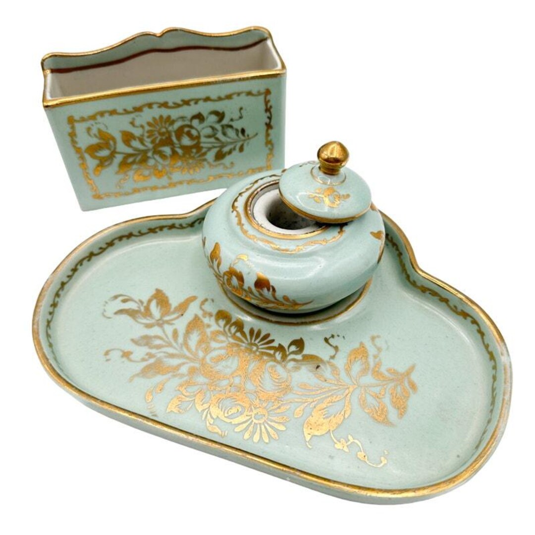 Limoges Writing Desk Set | Vintage Porcelain Letter Pen Holder Ink Well ...