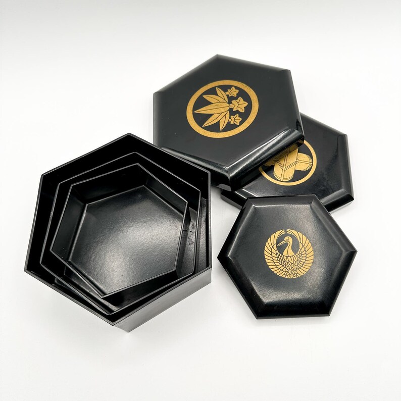 Vintage Nesting Black Lacquer Finish Boxes Hexagon Shaped With Gold ...