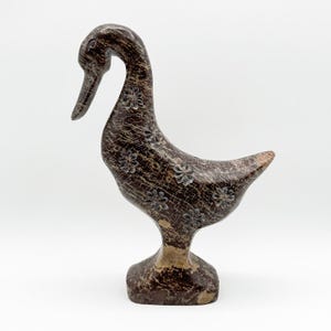 Soap Stone Goose Duck Sculpture 9" Hand Carved Floral Marbled Brown Tan ...