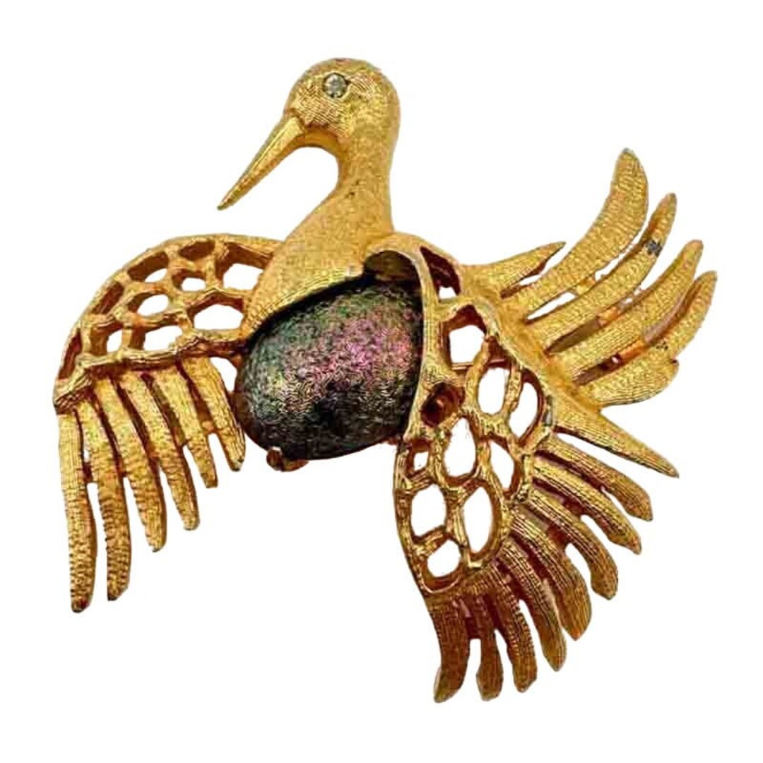 Vintage Hobe Designer Crane Bird Pin Brooch Gold Tone W Clear ...