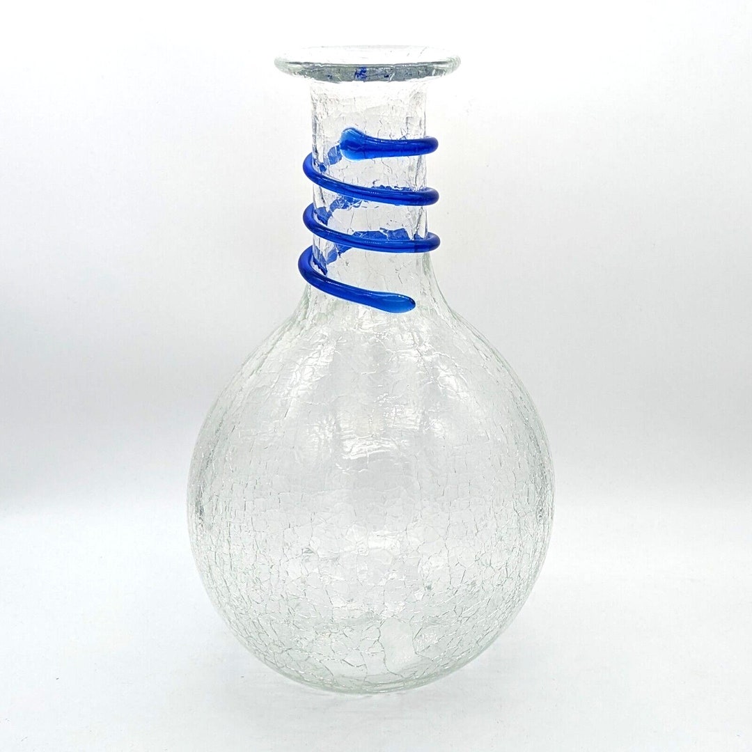 Blenko Clear Crackle Decanter #9432 Clear Crystal W Blue Spiral Ribbing ...