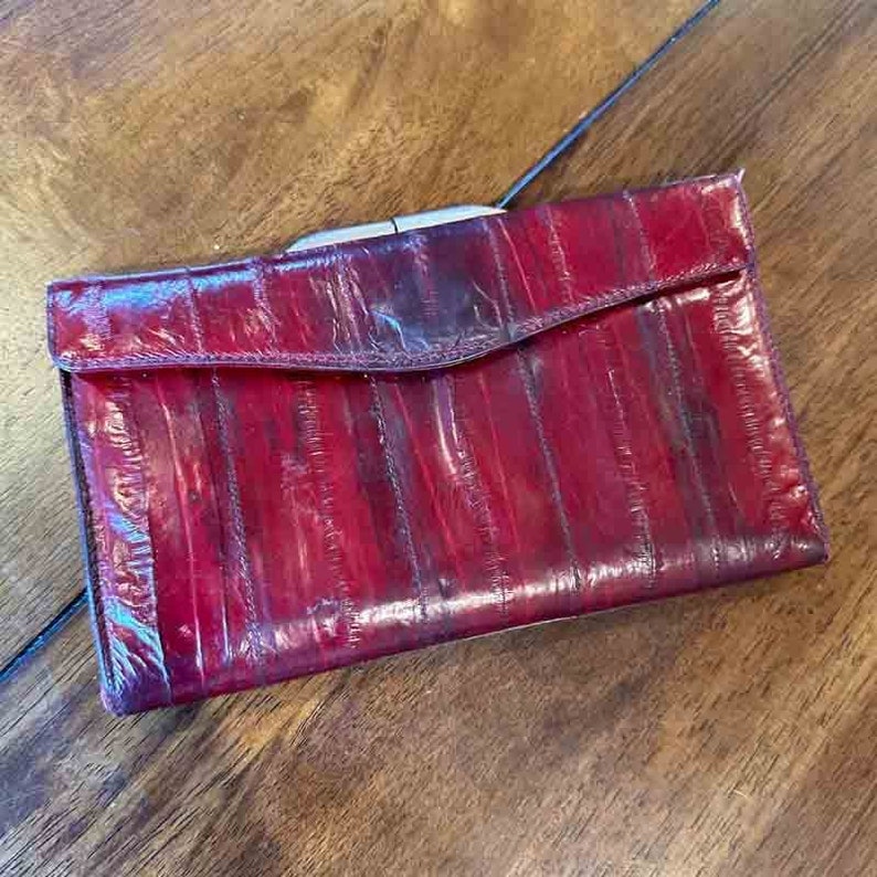 Vintage Eel Skin Wallet 80s Burgundy Korean Trifold Checkbook CC Coin ...