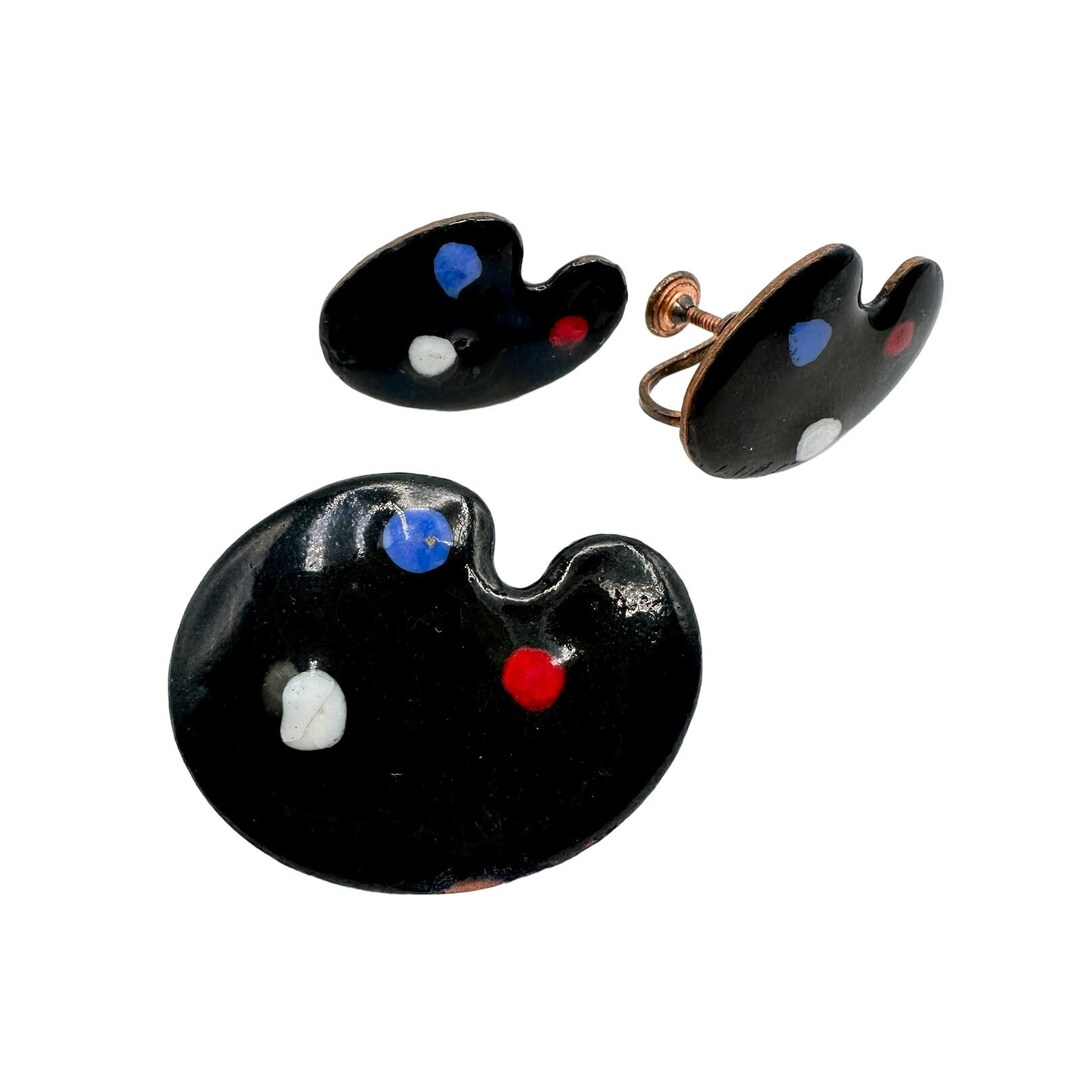 Vintage Artist Paint Palette Brooch and Screw Back Earrings Set Enamel ...