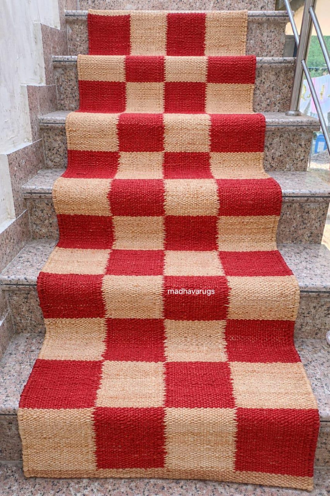 Handwoven Jute Stair Runner, Red Checkered Rug, Eco Friendly - Etsy