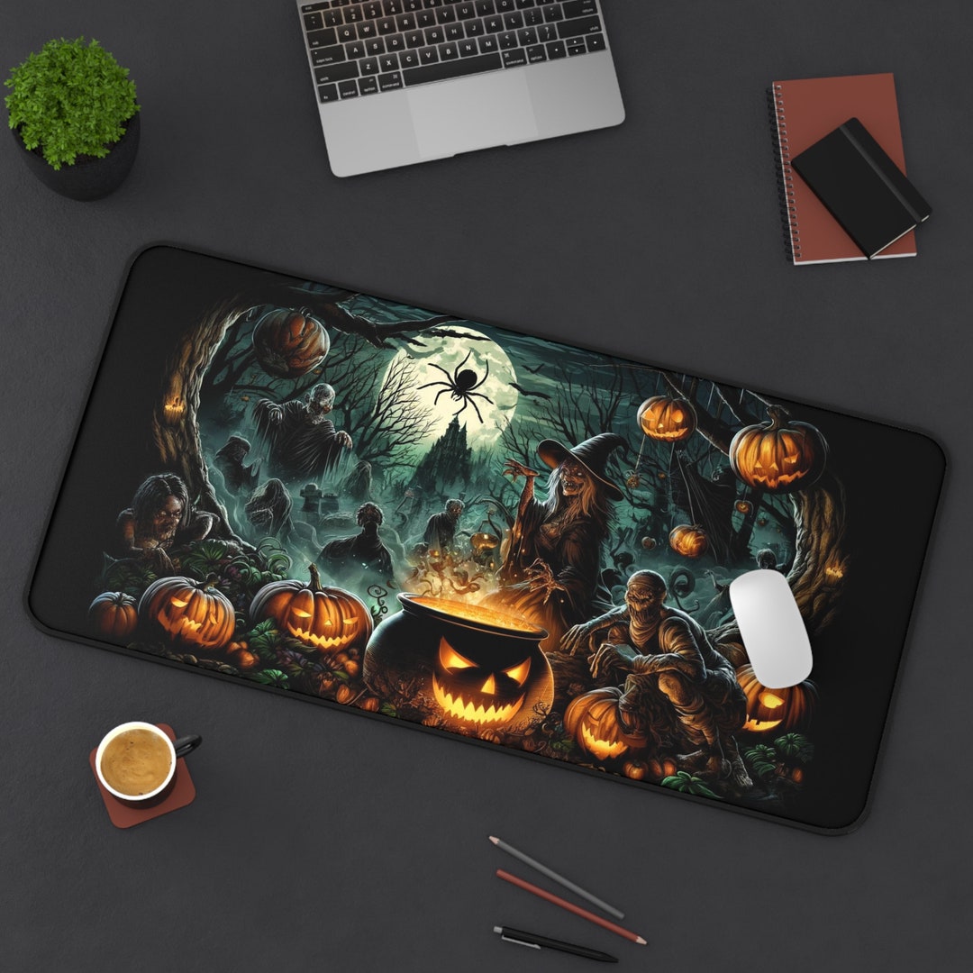 Spooky Halloween Office Desk Mat With Witch, Pumpkins, and Spiders ...