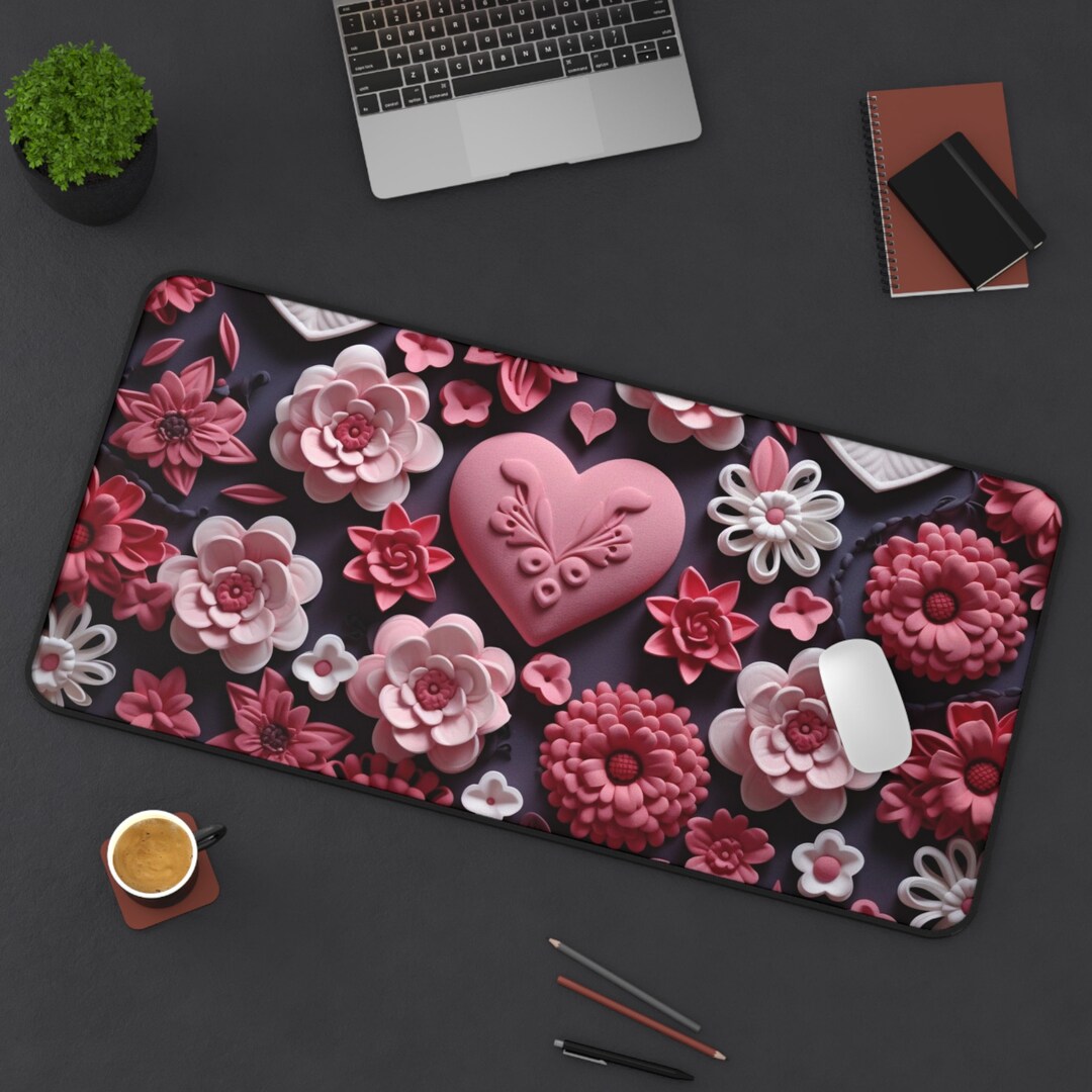 Valentines Day Pink Heart Flowers Desk Mat, Trendy Holiday Pink Floral ...