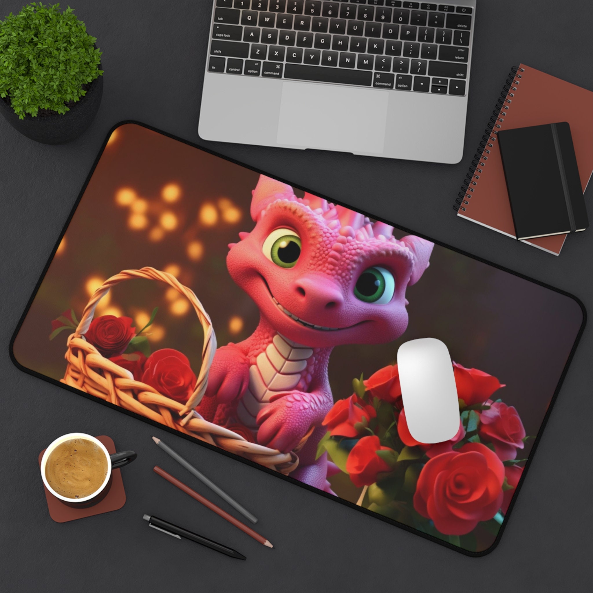 Cute Valentines Day Baby Dragon Desk Mat, Trendy Holiday Dragon and ...