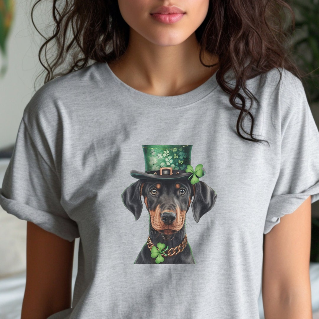 St Patrick's Day Doberman Puppy Short Sleeve Tee, Trendy St. Pattys Day Tshirt, Animal Lovers ...