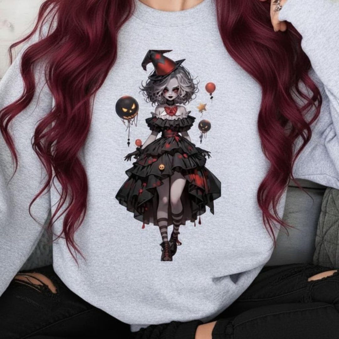 Gothic Halloween Clowncore Girl Sweatshirt, Creepy Clown Doll Witch ...