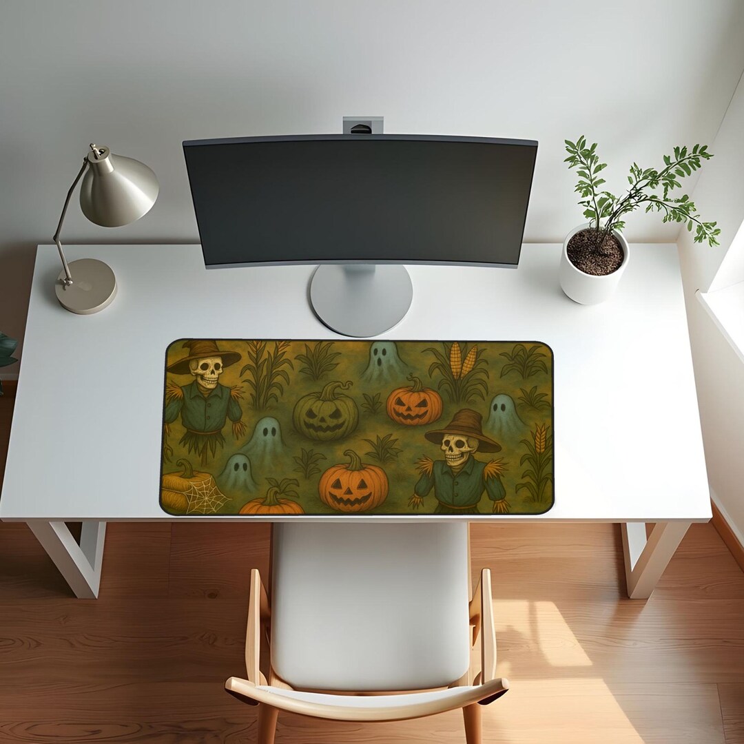Halloween Farmcore Desk Mat, Spooky Pumpkin Scarecrow Office Gaming ...