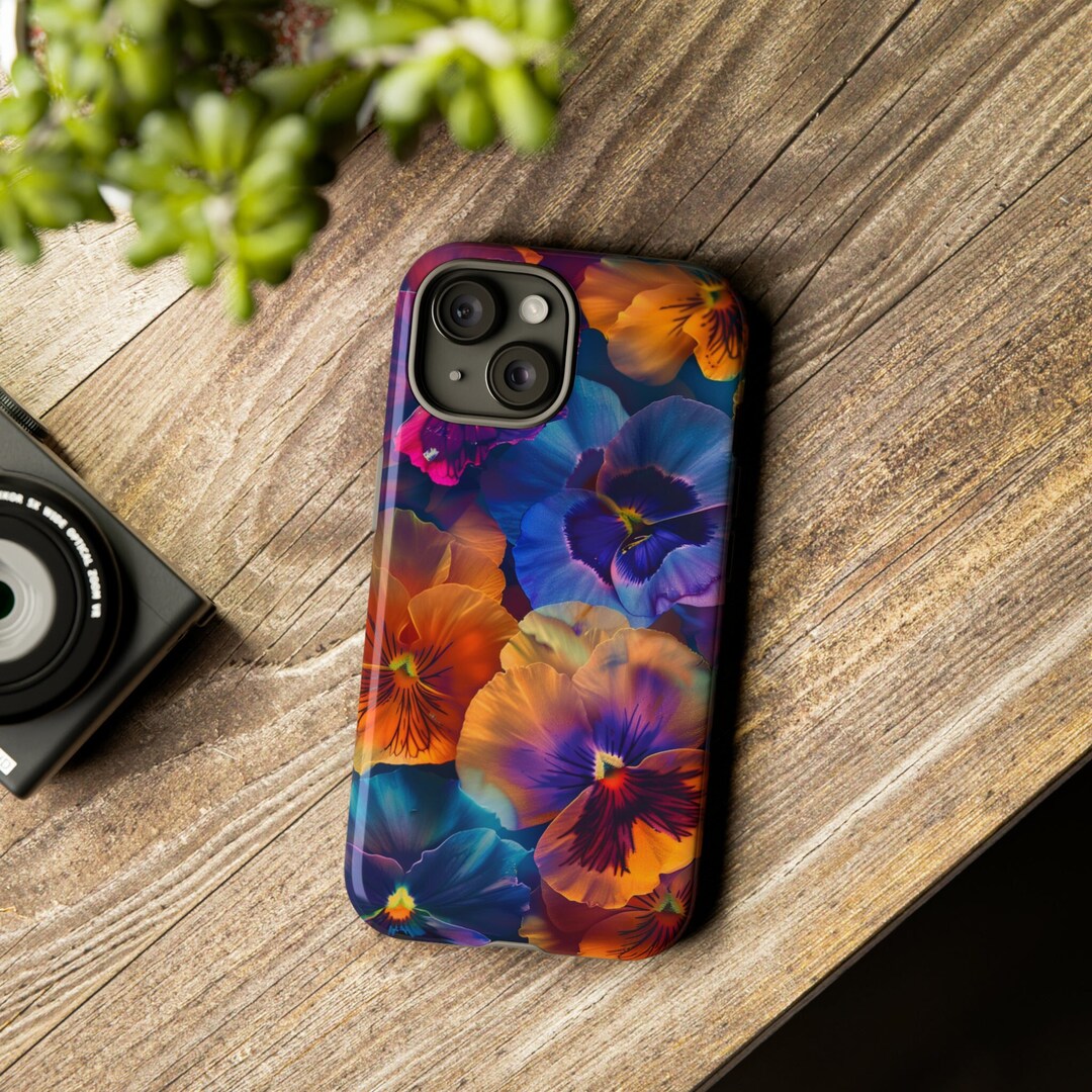 Pansies Tough Case, Trendy Spring Flower Phone Cover iPhone 15 14 13 12 ...