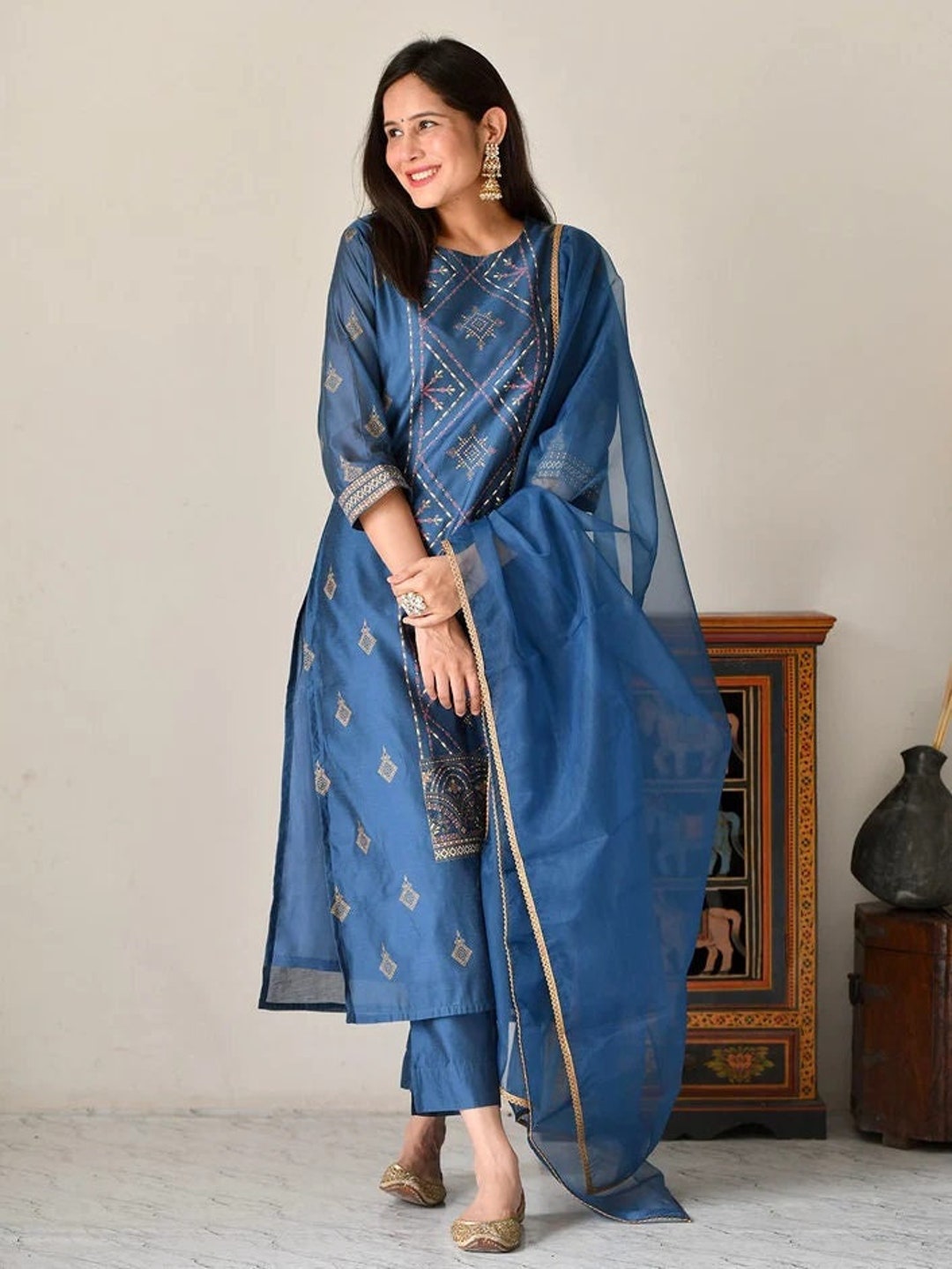 Silk Kurta Set With Pants and Dupatta kurta Salwar Indian Wear Festive ...