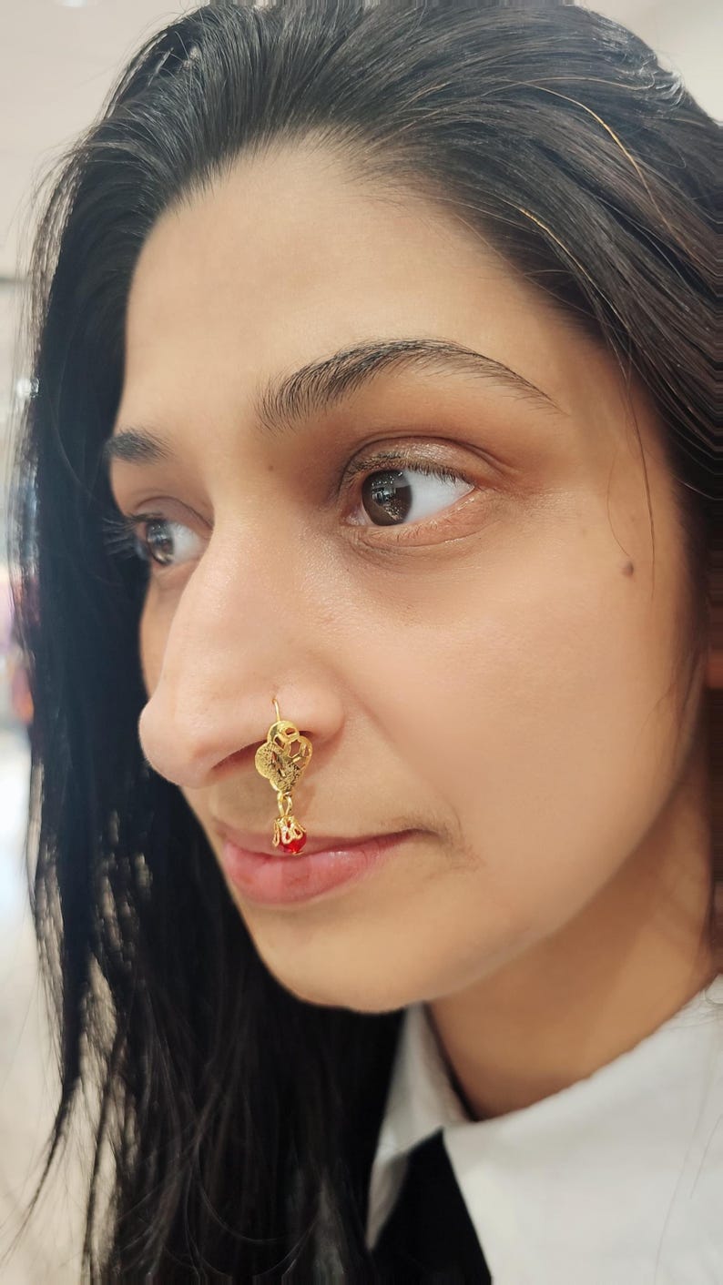 Red Gold Beaded Dangle Nose Cuff - Nose Ring - Piercing Required - Gold ...