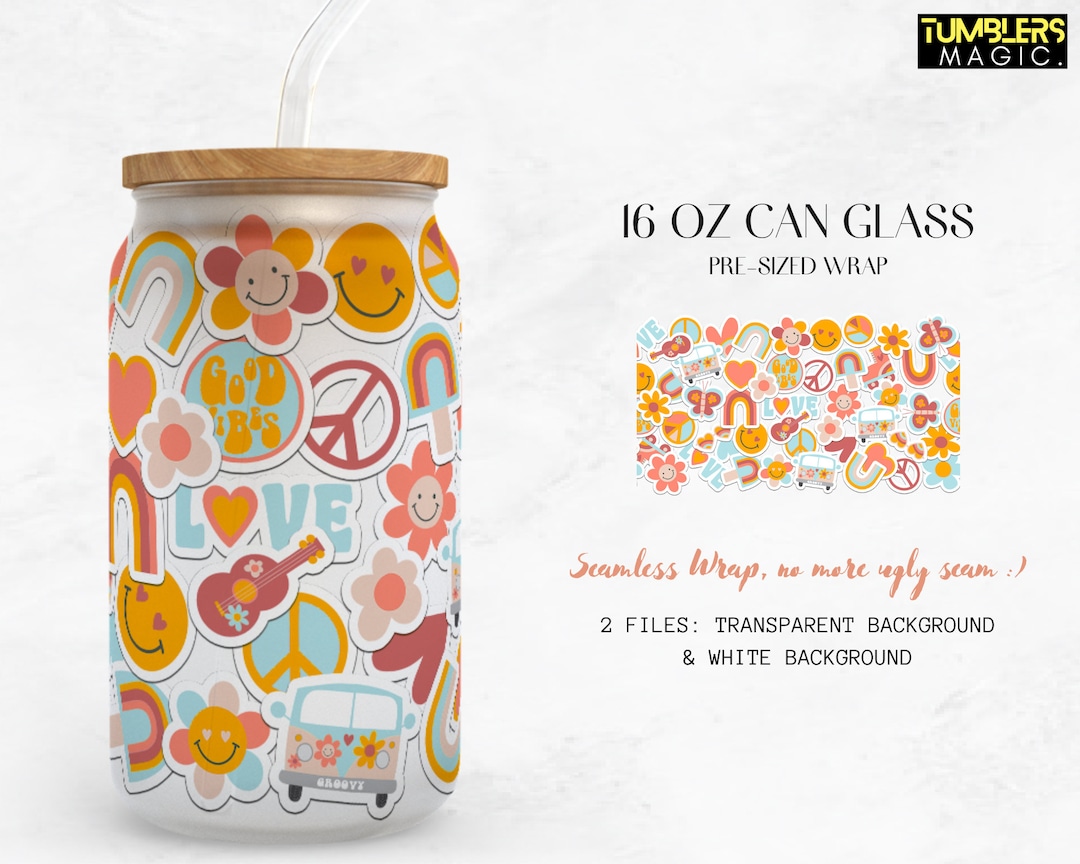 The 70s Glass Can, Retro Groovy Style 16oz Glass Can Png Design for ...