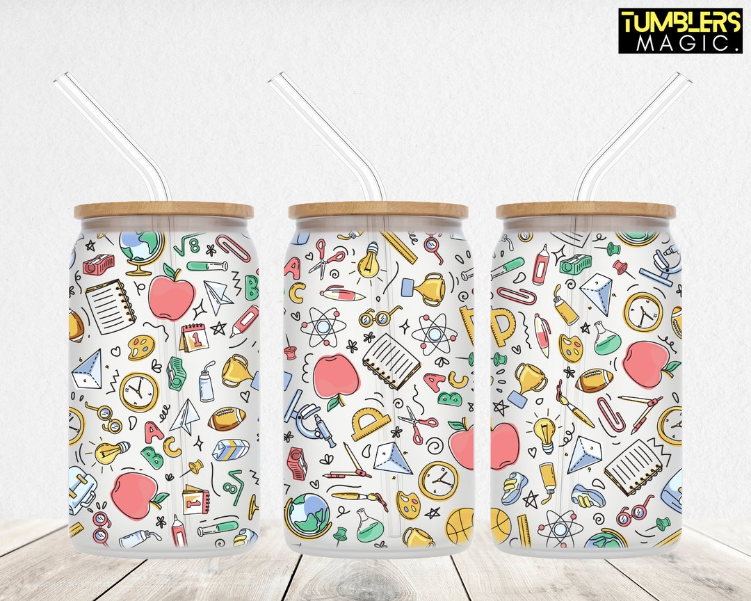 School Supply Can Glass, Back to School 16oz Glass Can Png Design for ...