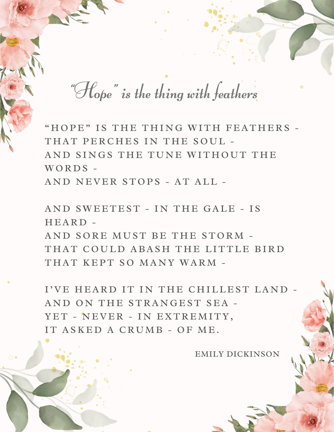 Emily Dickinson Digital Print | Hope is the Thing With Feathers Poem ...
