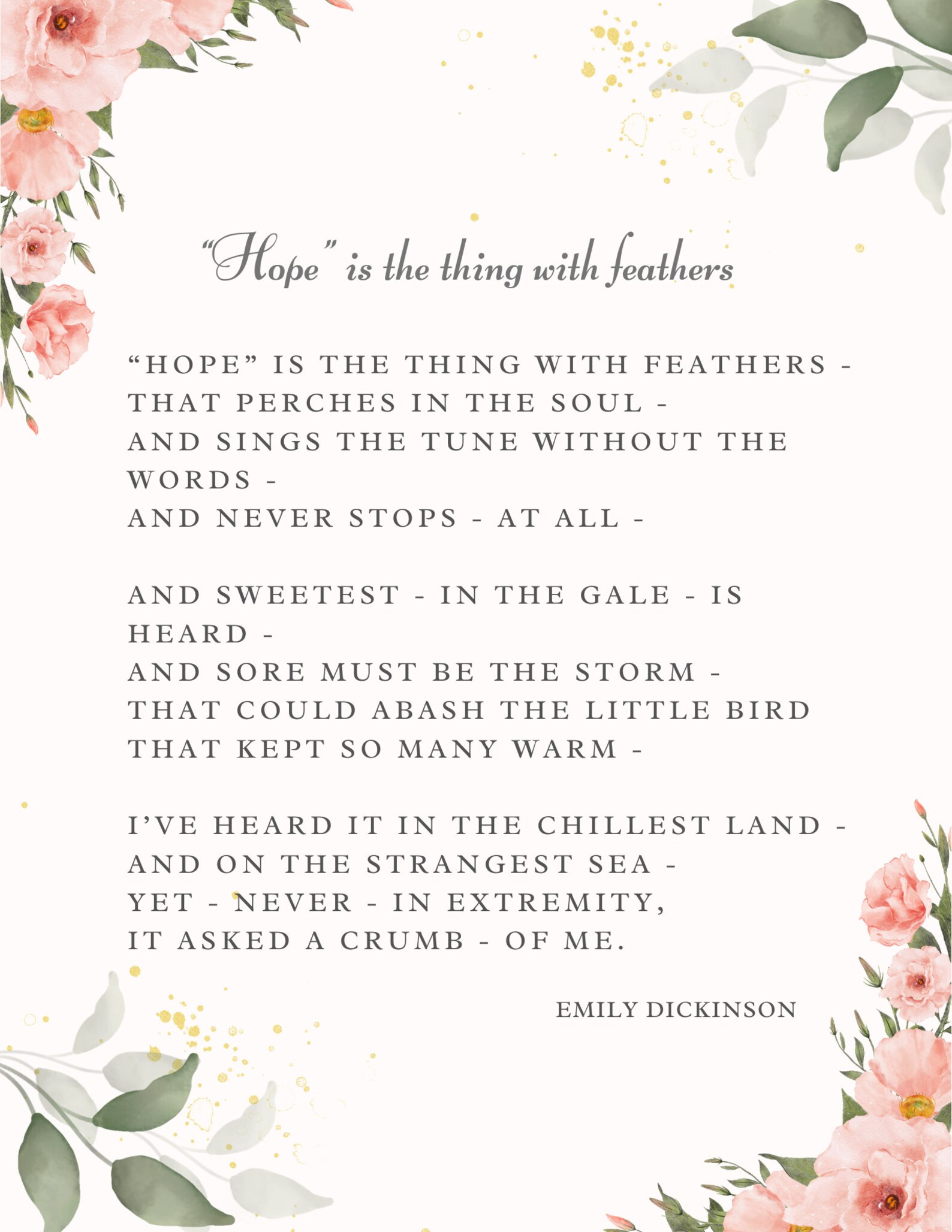 Emily Dickinson Digital Print | Hope is the Thing With Feathers Poem ...