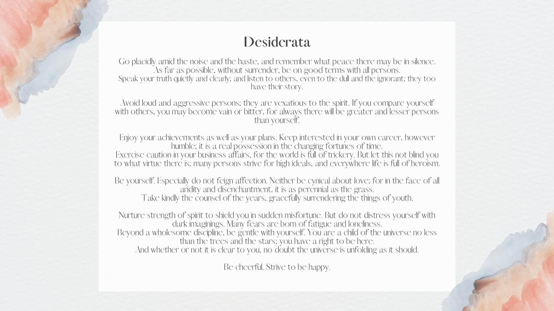 Desiderata by Max Ehrmann Desktop Wallpaper Inspirational Poem Modern ...