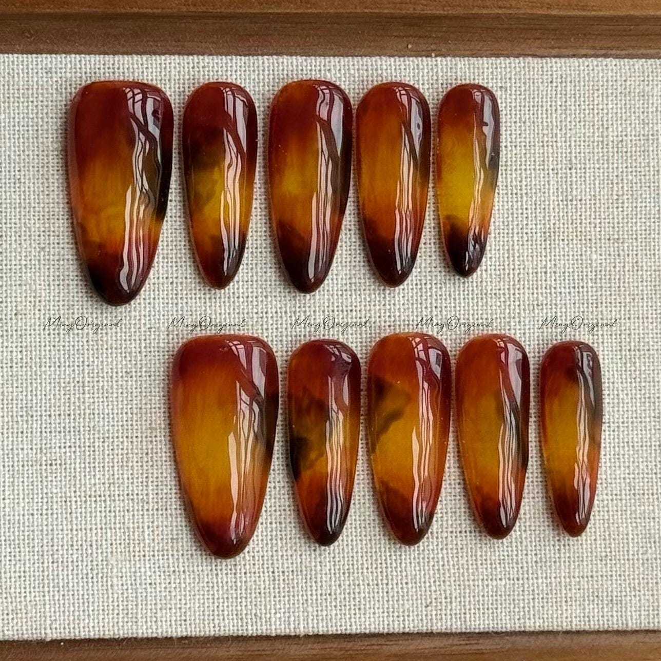 Classic Tortoise Shell Glassy Amber Brown Water Blooming Press on Nails ...