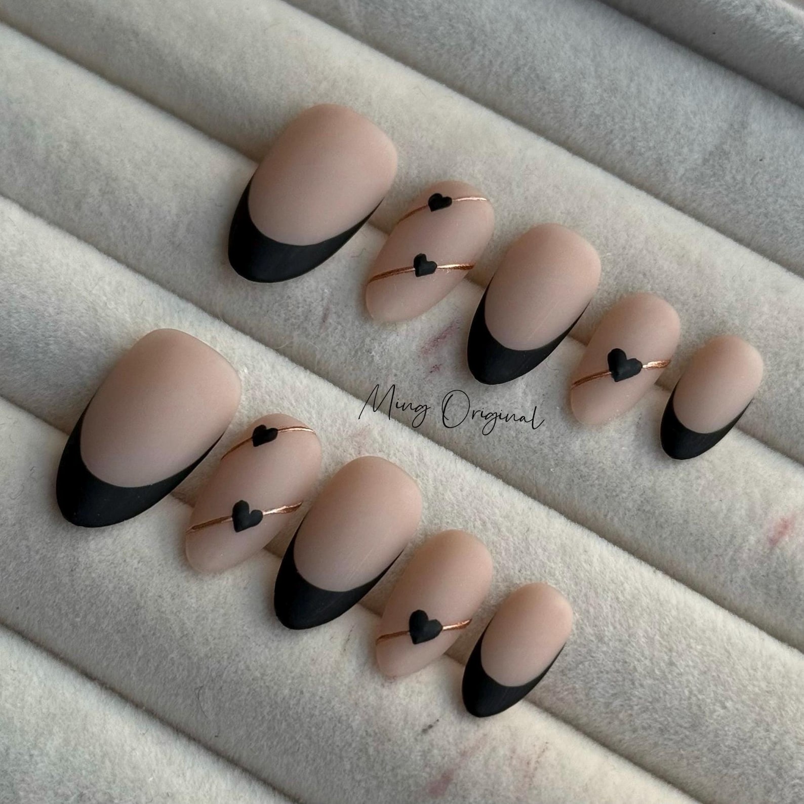Minimalist Heart and Gold Line Press on Nails, Black French Tip and ...