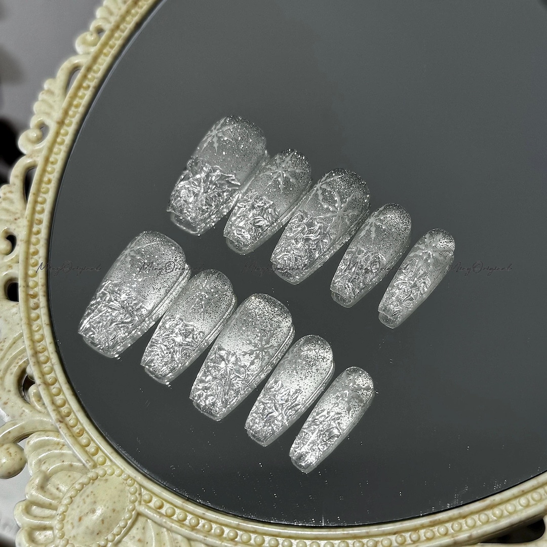 Silver Glitter Christmas Icey Tip Press on Nails, Snowflake Crystal ...