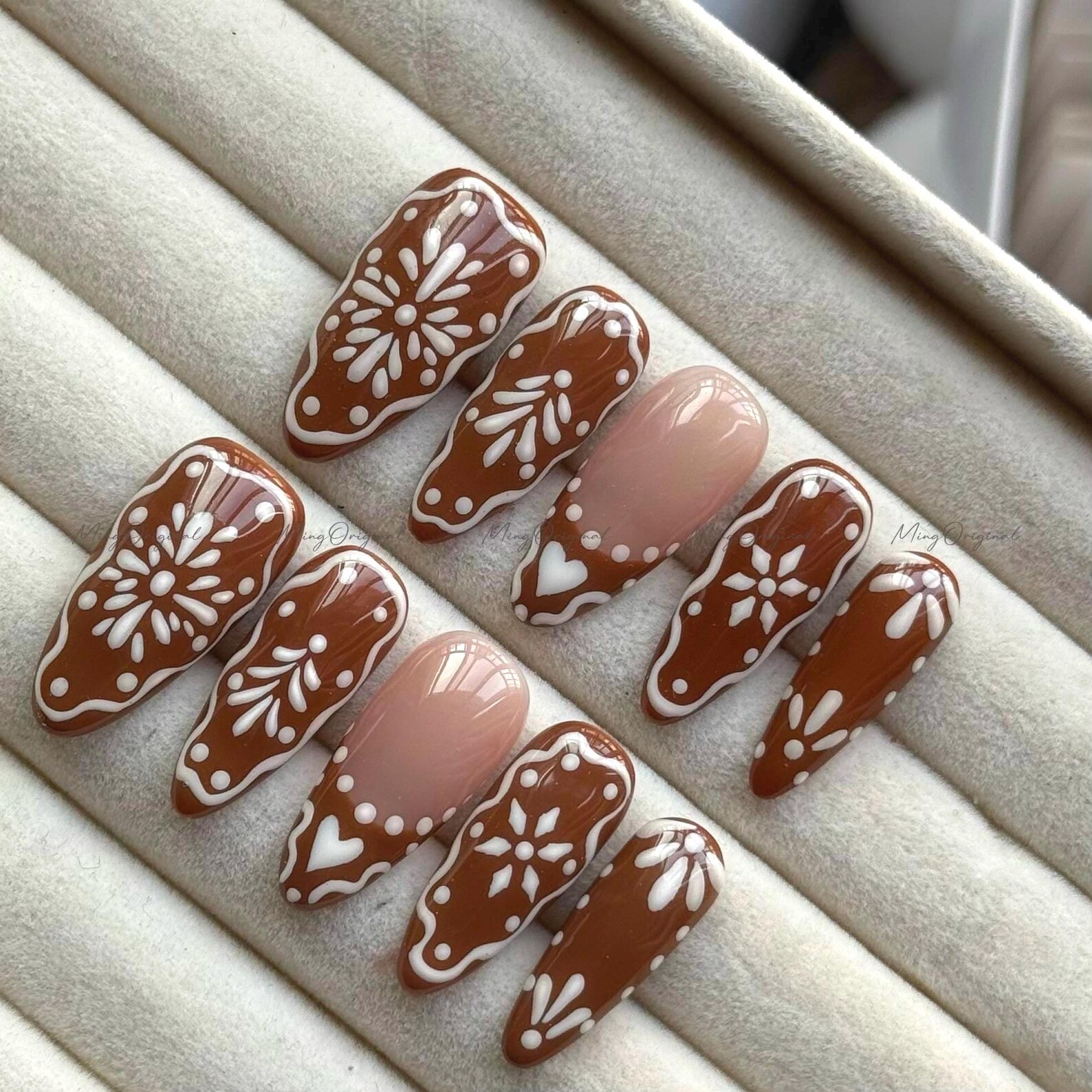 Christmas Gingerbread Man Press on Nail, Handmade Cookie Design, Glue ...