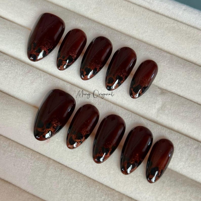 Ombre Cat Eye Amber Tortoise Print Press on Nails, Brown Ombre Tip Nail ...
